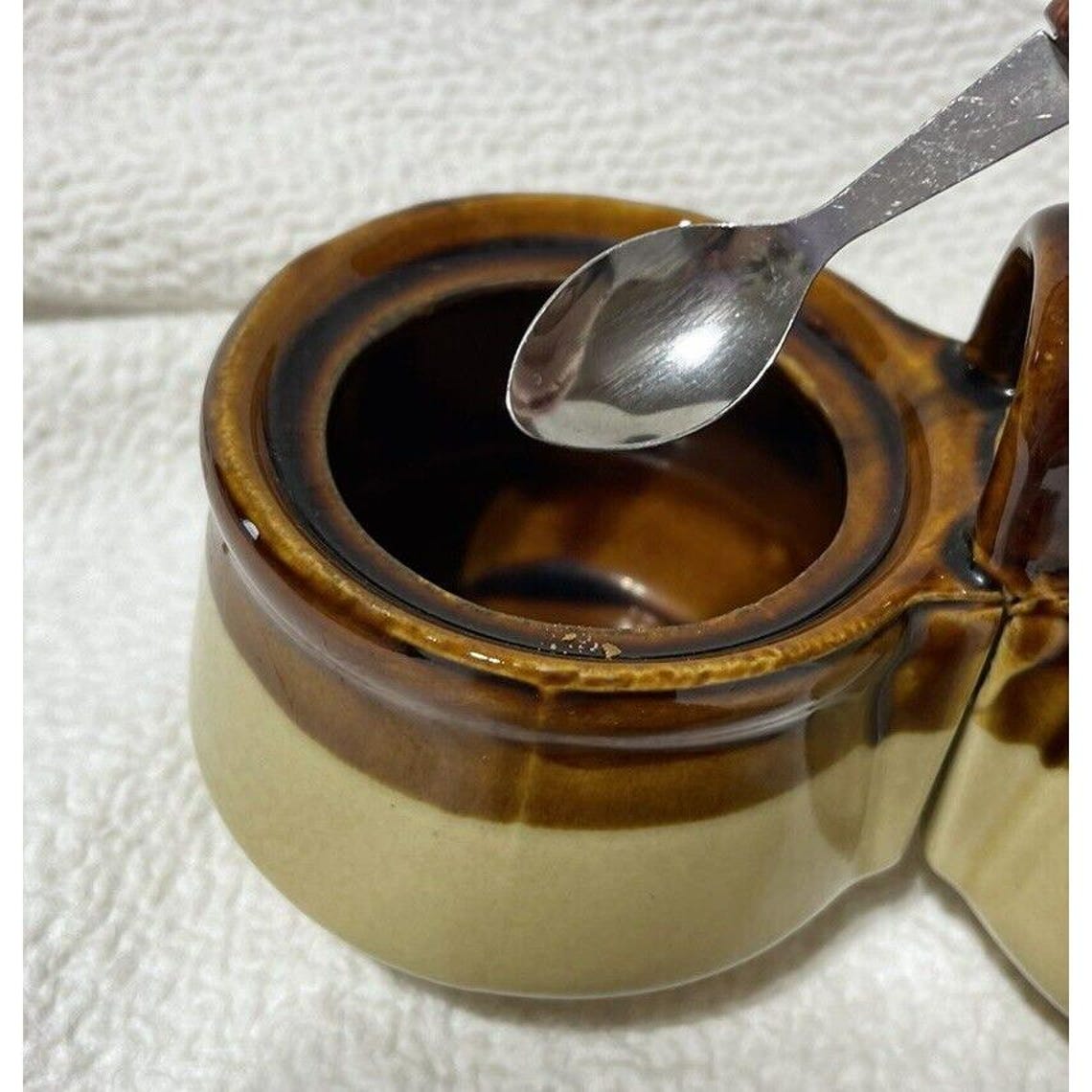 Vintage Brownstone Glazed Ceramic Condiment Server With Lids & Spoons ...