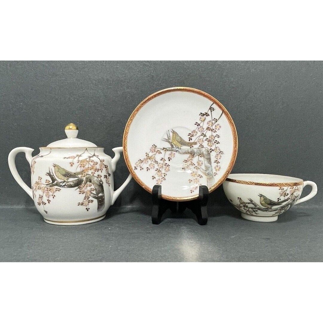 Vintage Asahi Collection Japan Porcelain Tea Cup Saucer Sugar Bowl Bird ...