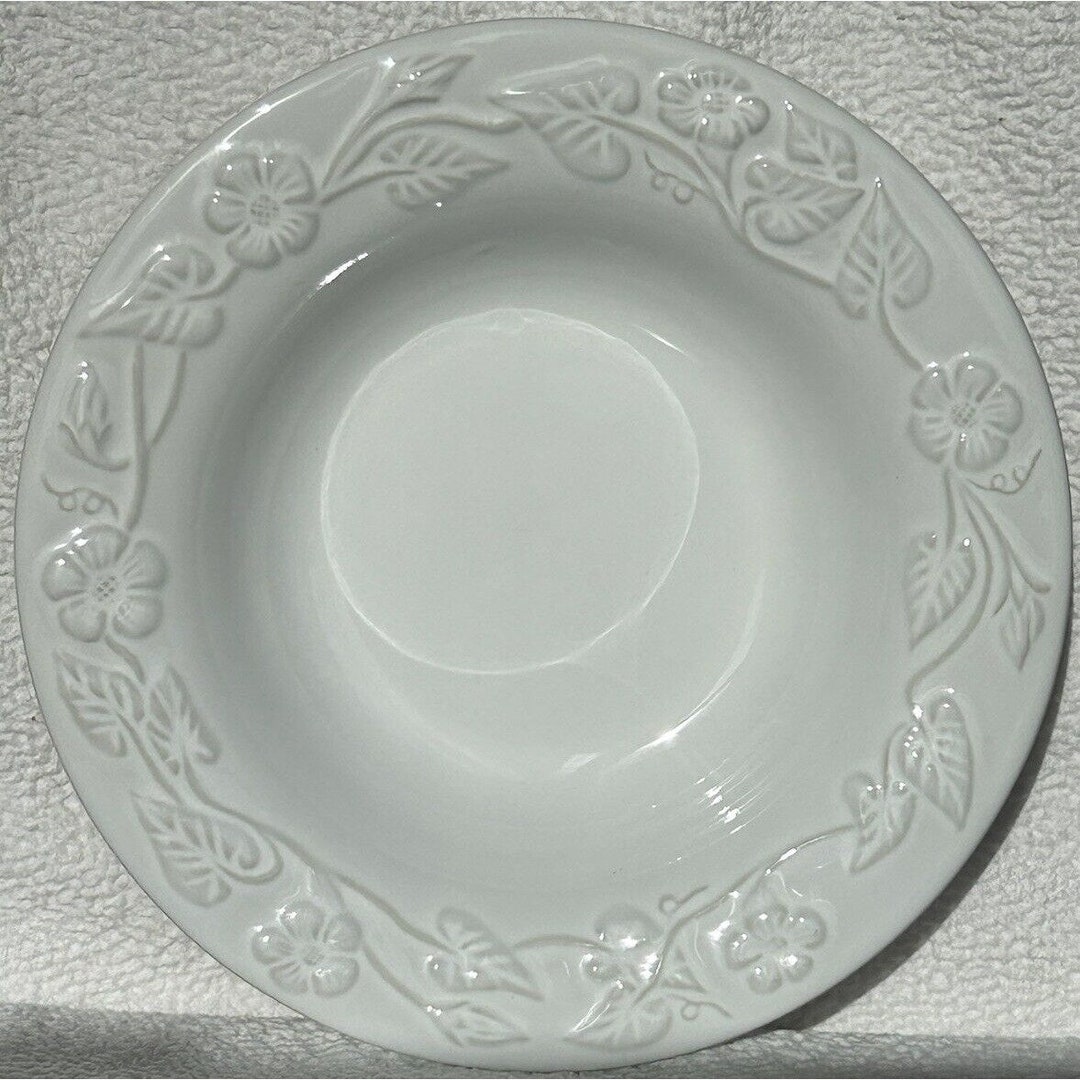 White Pasta Bowl Made in Portugal Embossed Flowers & Vines Wide Rim ...