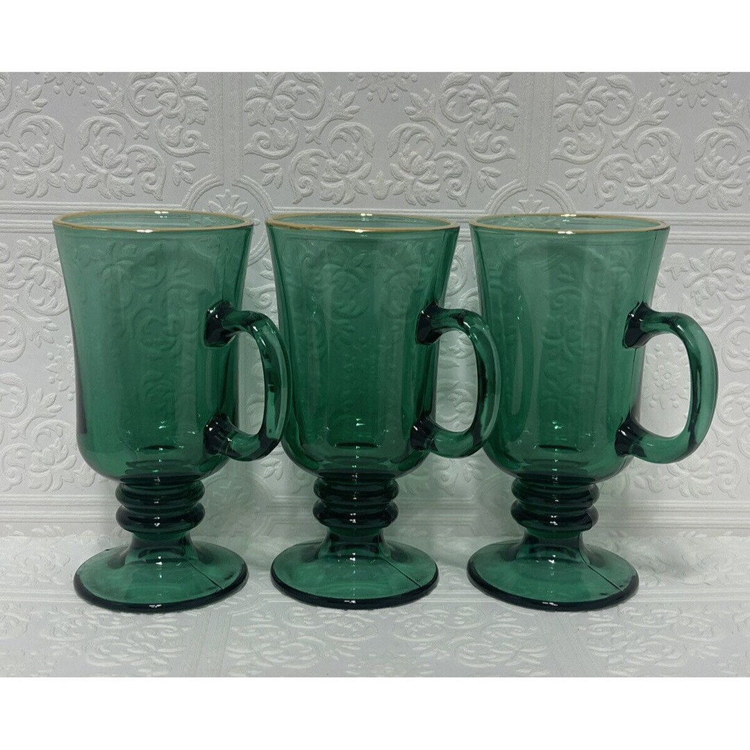 3 Emerald Green Irish Glass Mugs With Gold Rim on Pedestal Christmas ...