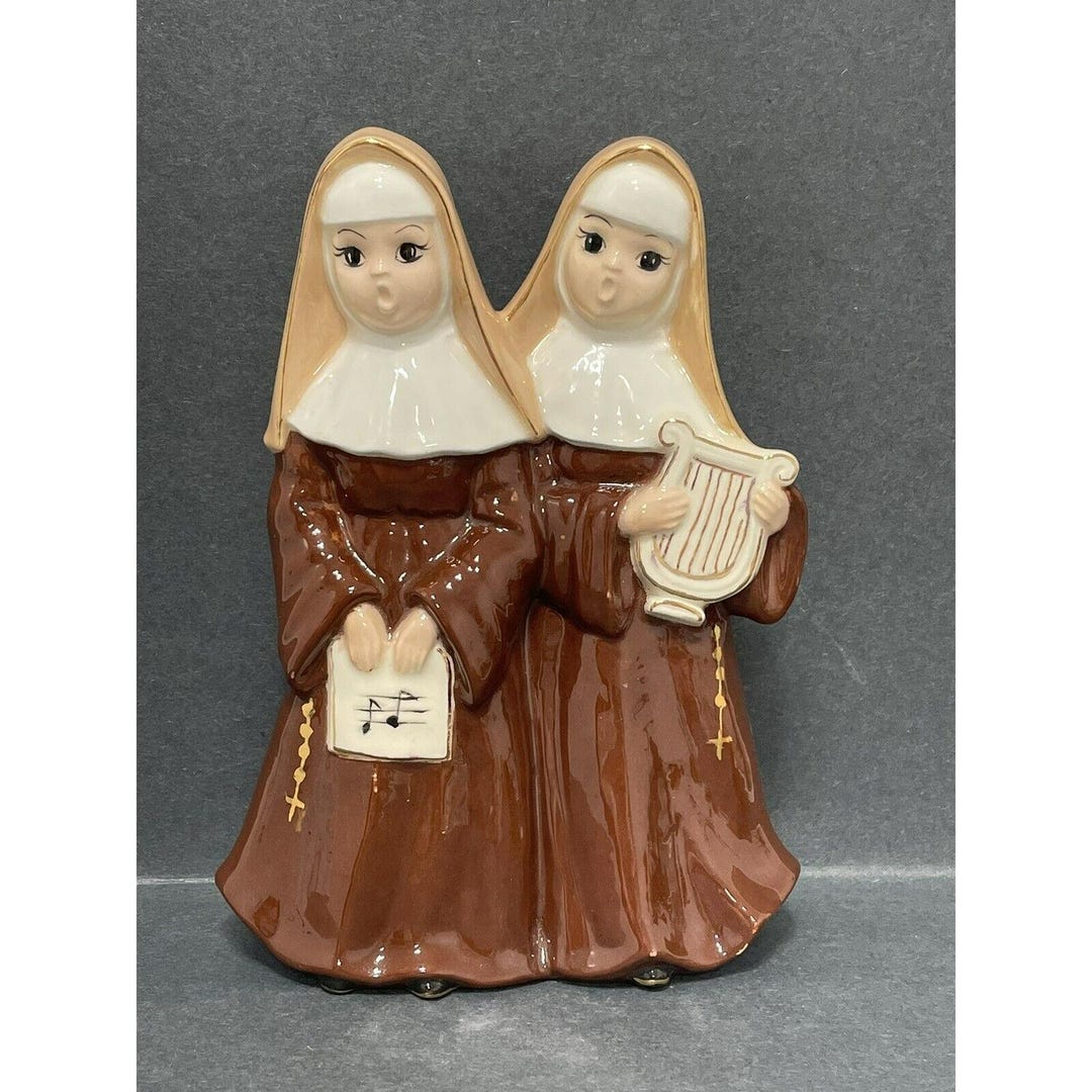 Singing Nuns Duo Studio Ceramic Figurine Brown White Gold Catholic ...
