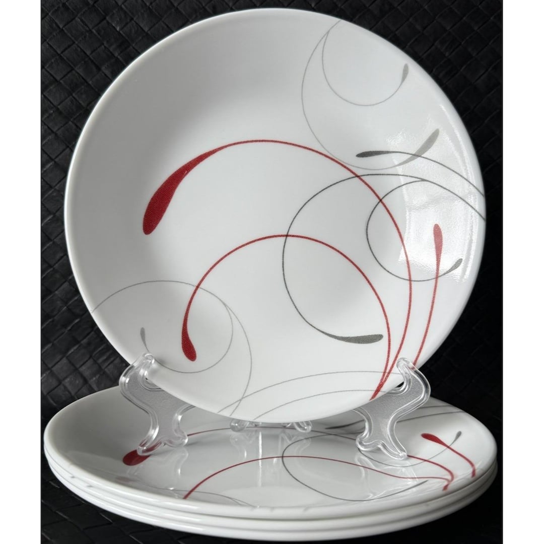 Corelle SPLENDOR Set of 4 Bread or Dessert Plates Playful Red and Gray ...