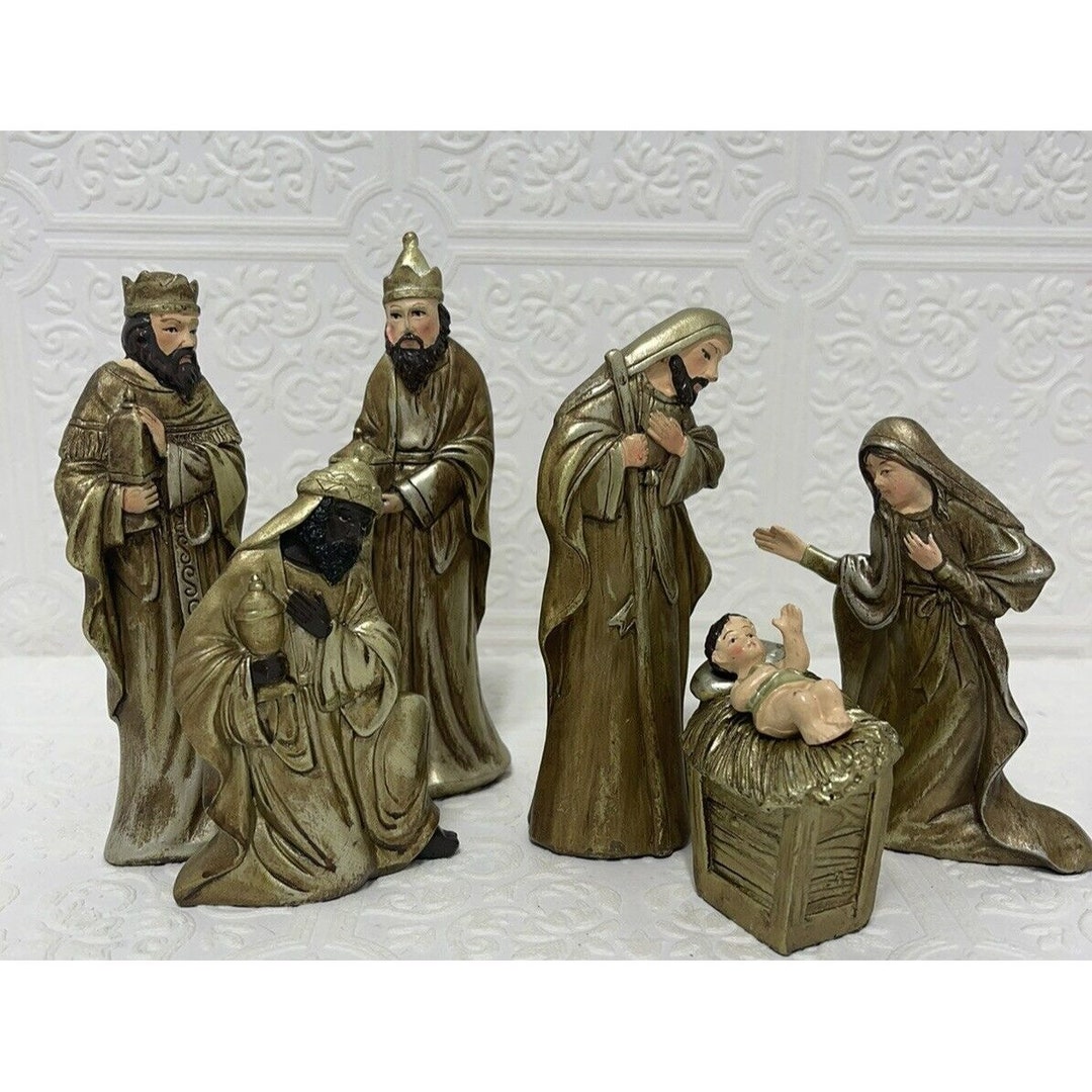 Set of 6 Gold Nativity Figured Baby Jesus Mary Joseph 3 Wise Men ...