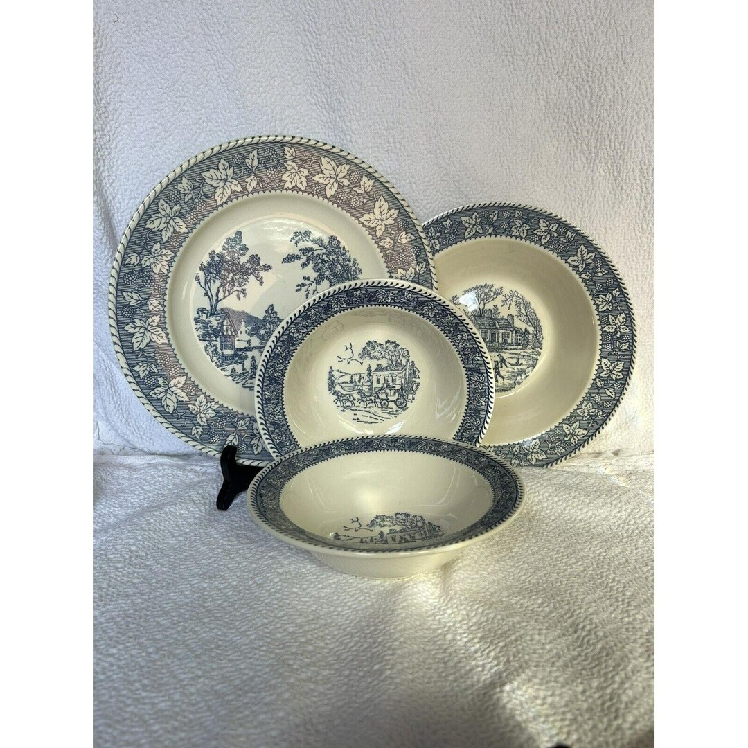 Homer Laughlin Blue Leaves Rim Shakespeare Country Stratwood Set Bowls ...