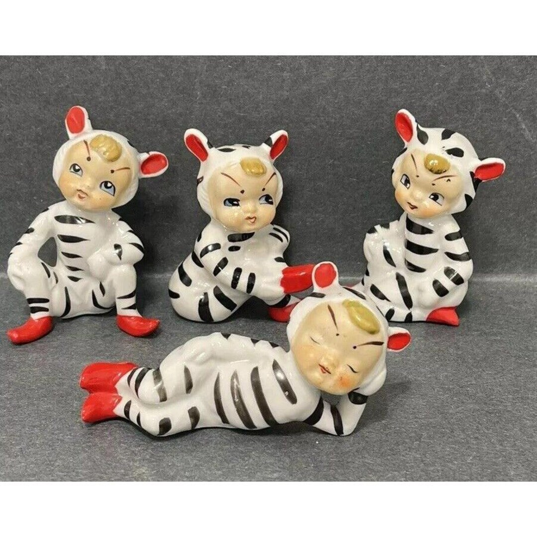 Vintage Norcrest Pixie Zebra Jail Black White Red 1950 Kitsch Set of 4 ...