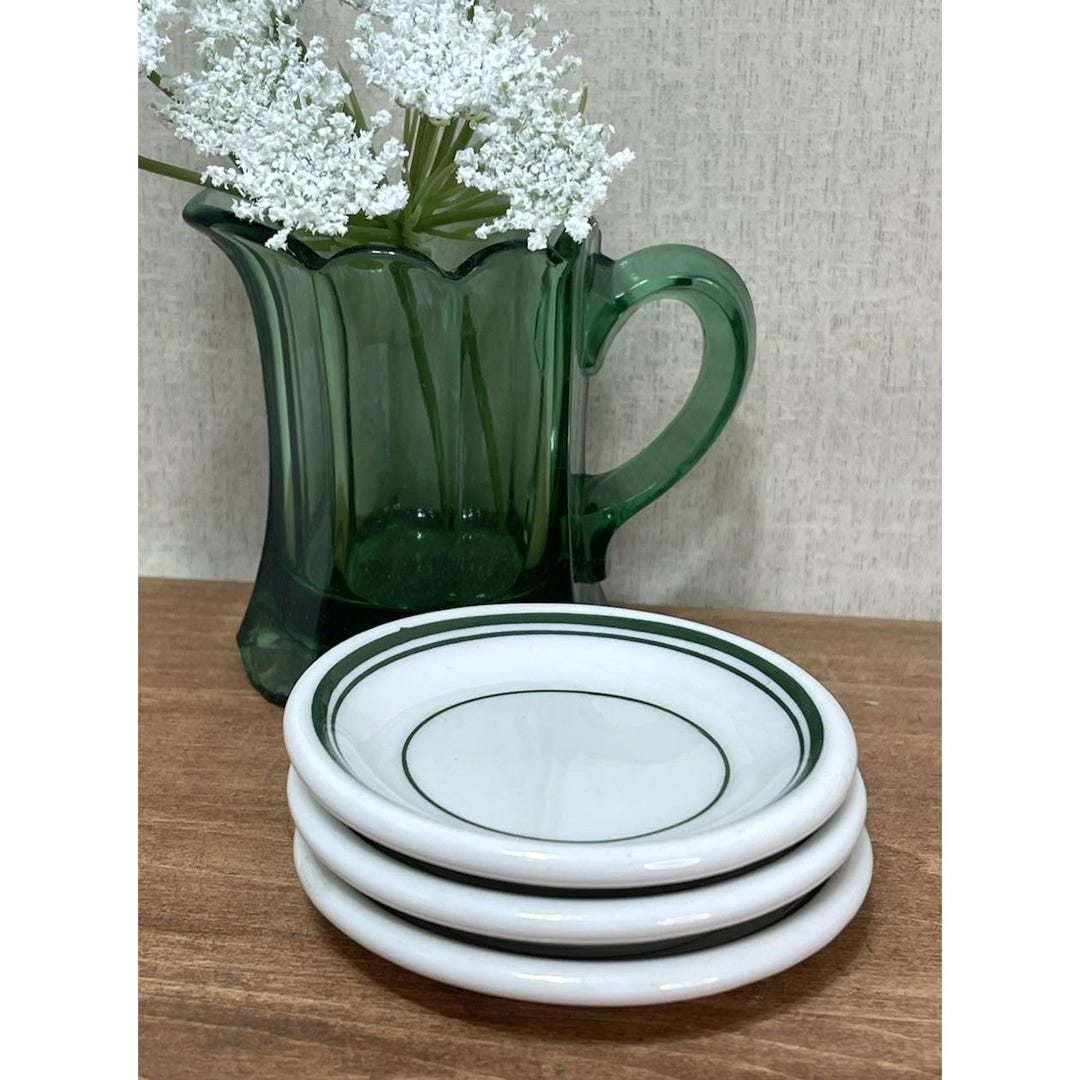 3 Restaurant Ware Butter Pats Triple Green Stripe Trim Chunky China ...