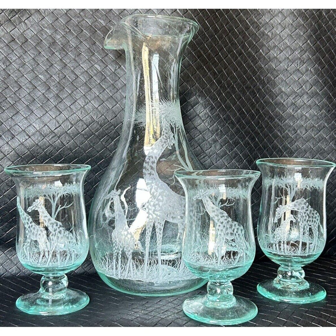 African Carafe and 3 Stemmed Glasses Hand Blown and Etched Giraffes ...