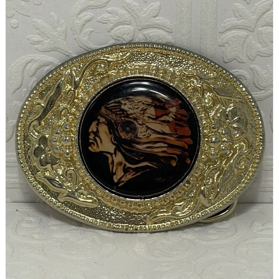 Gold Tone Western Belt Buckle Black Stone Indian Face Insert Oval Shape ...