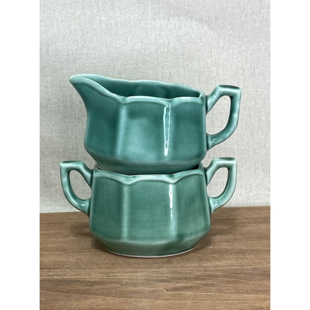 Mount Clemens Pottery Green Glazed Sugar Creamer Set Set of 2 Stained ...