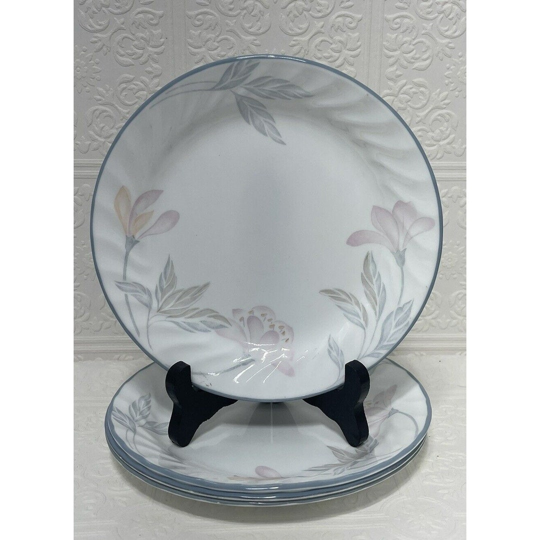 Corelle (4) PINK TRIO Bread Cake Plates 7“ Blue Swirl Edge Flowers ...