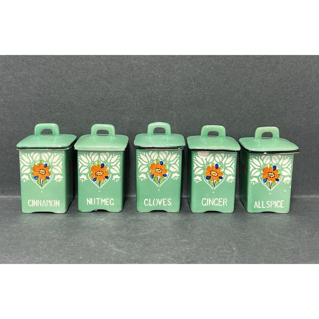 TBICO Jadeite Green Czechoslovakia Hand Painted Kitchen Spice Canister ...
