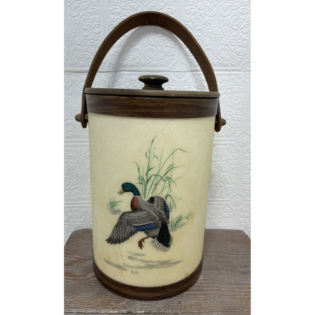 Bacova Guild Signed Grace Gilmore DUCK Ice Bucket Leather Handle Large ...