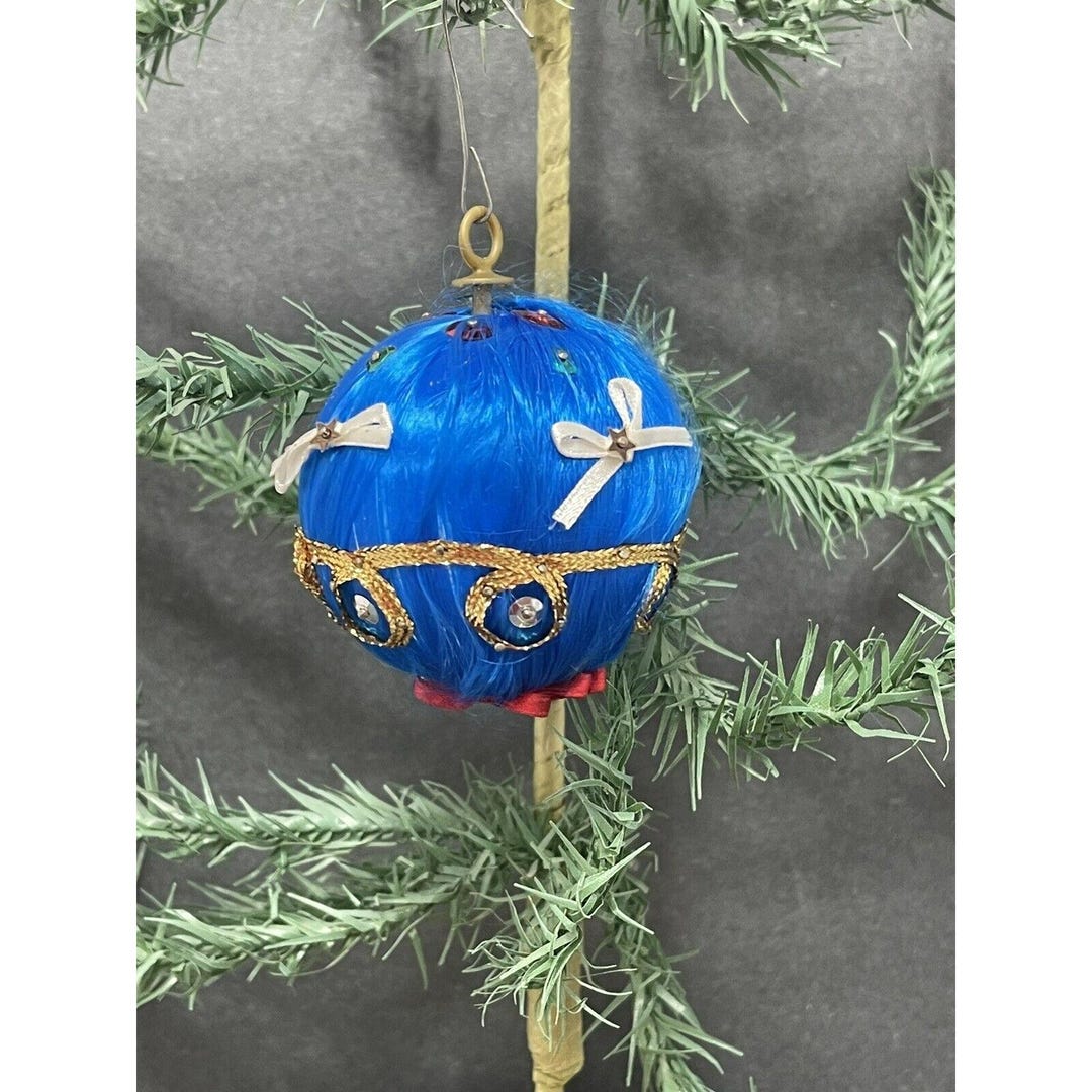 Vintage Push Pin Sequin Blue Angel Hair BEADED CHRISTMAS ORNAMENT 2 ...