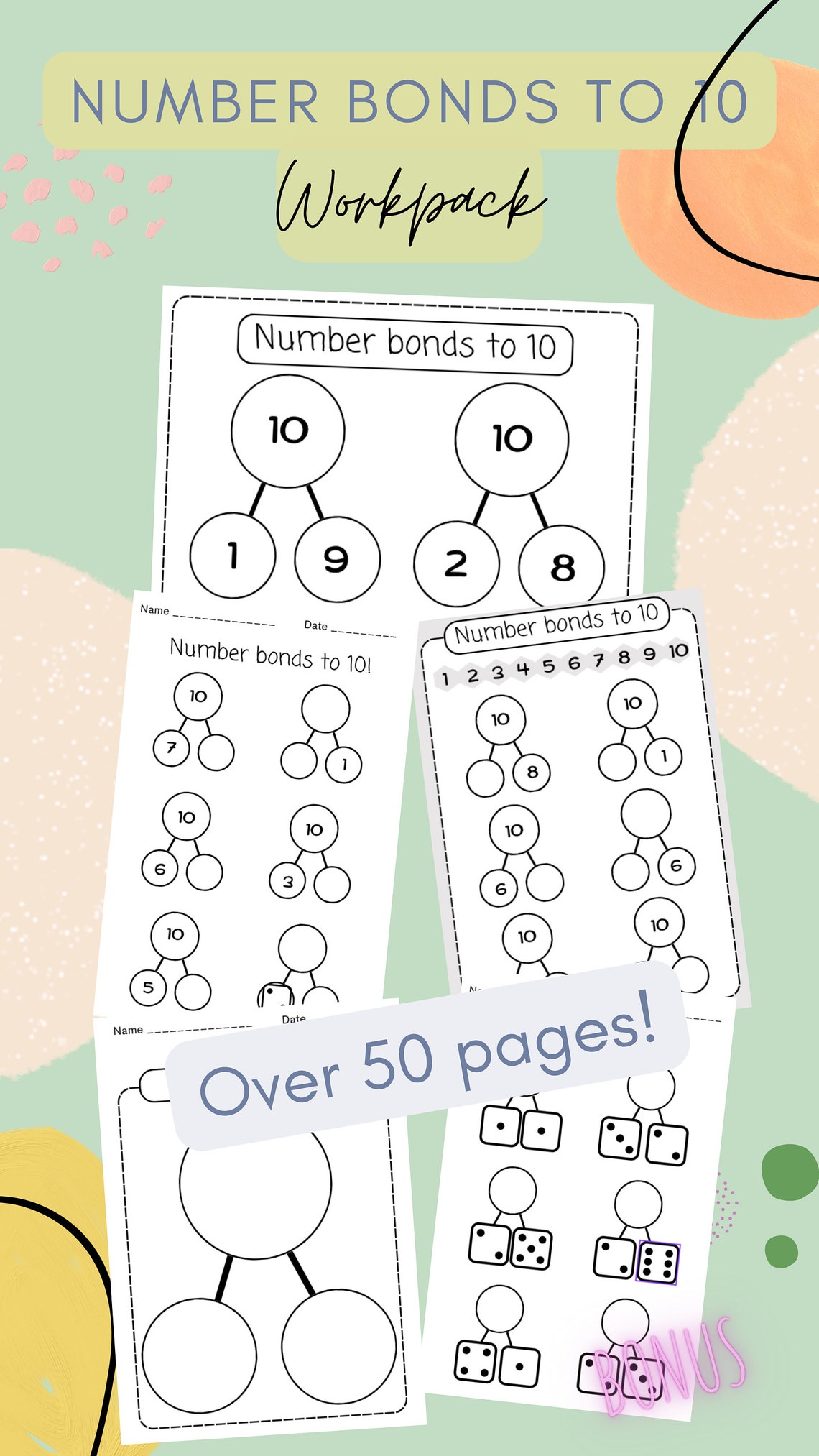 Number Bonds to 10 Work Pack Over 50 A4 Worksheets for Home-schooling ...