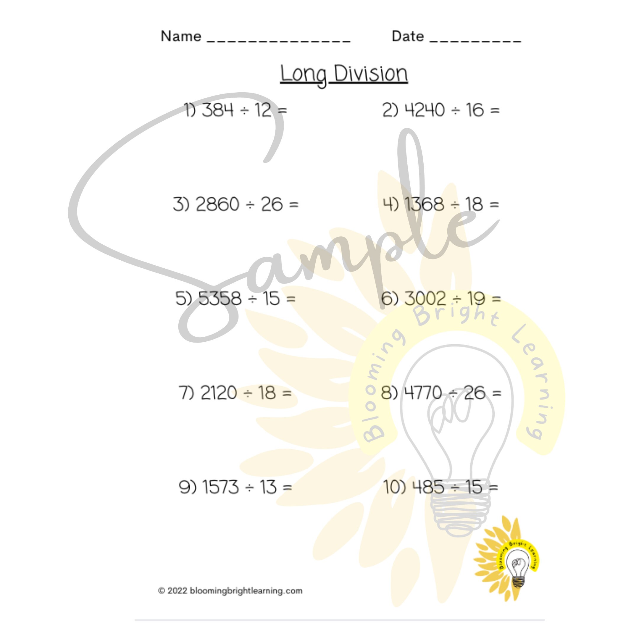 Long Division Work Sheet Pack 1 - Etsy