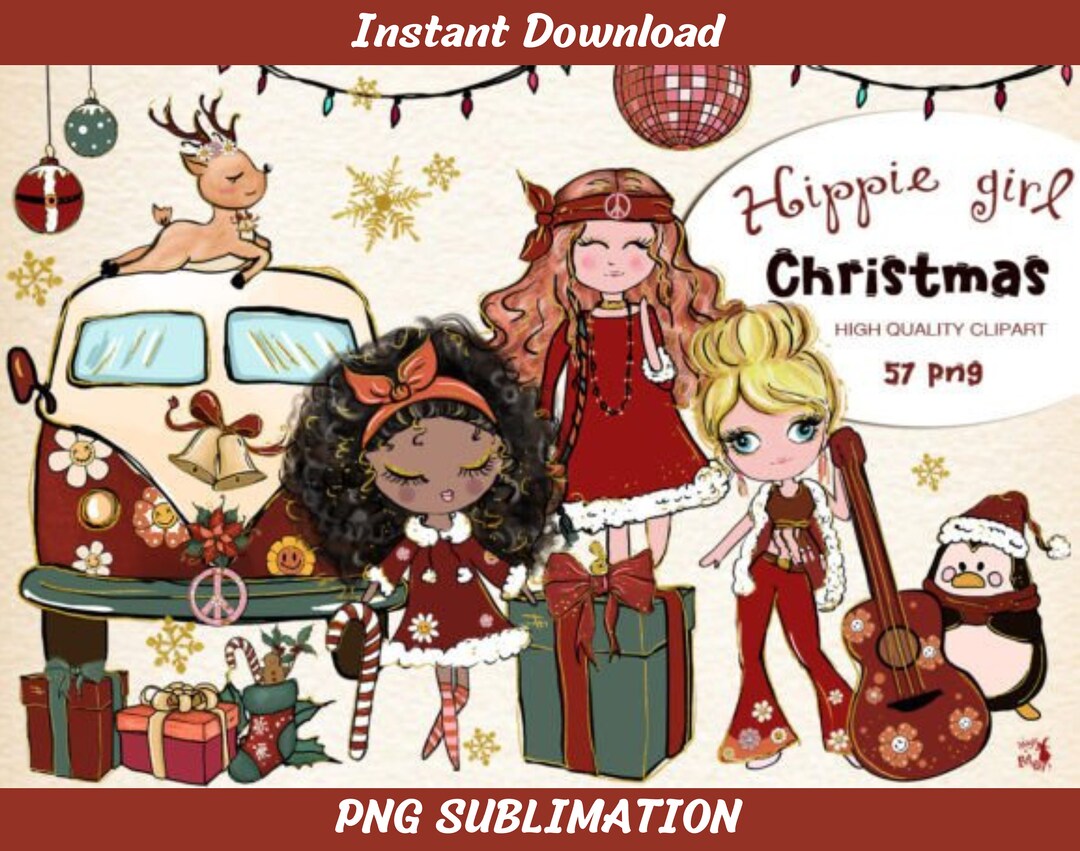 Hippie Girl Christmas Clipart, Groovy Christmas Clip Art,retro ...