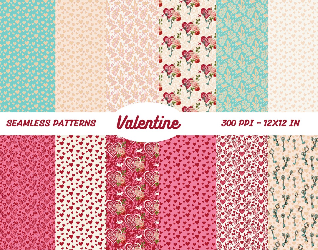 12 Valentine Seamless Digital Papers, Scrapbook Paper, Heart ...