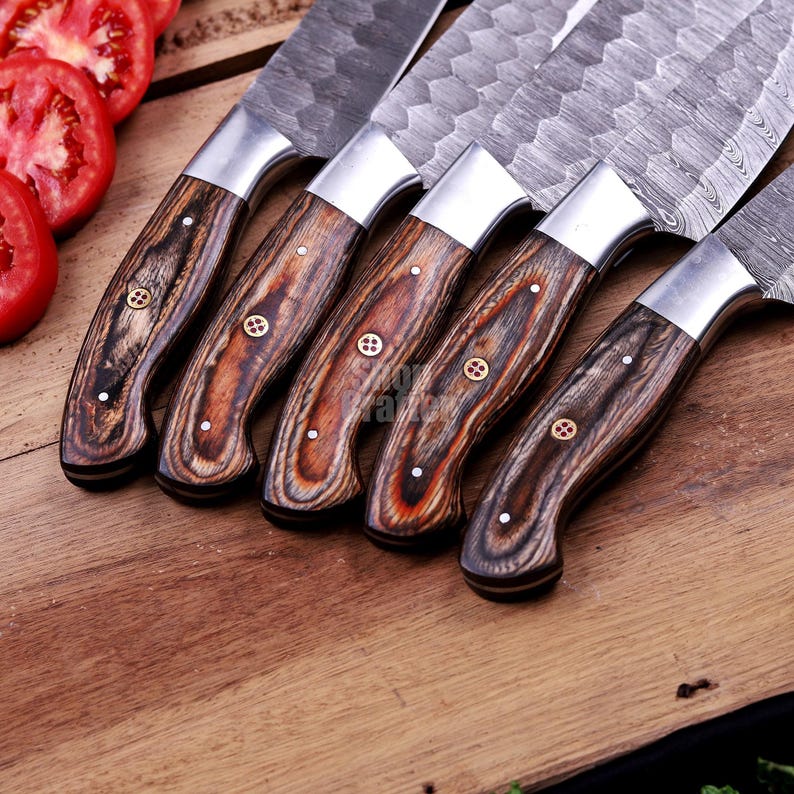 Hand Forged Damascus Steel Chef Knife Set, Wood Handle, Leather Roll ...