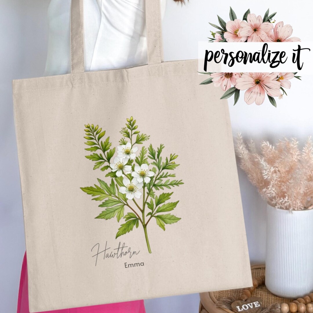 Birth Flower Tote Bag, Hawthorn Blossom Tote, Grandmas Garden Floral ...