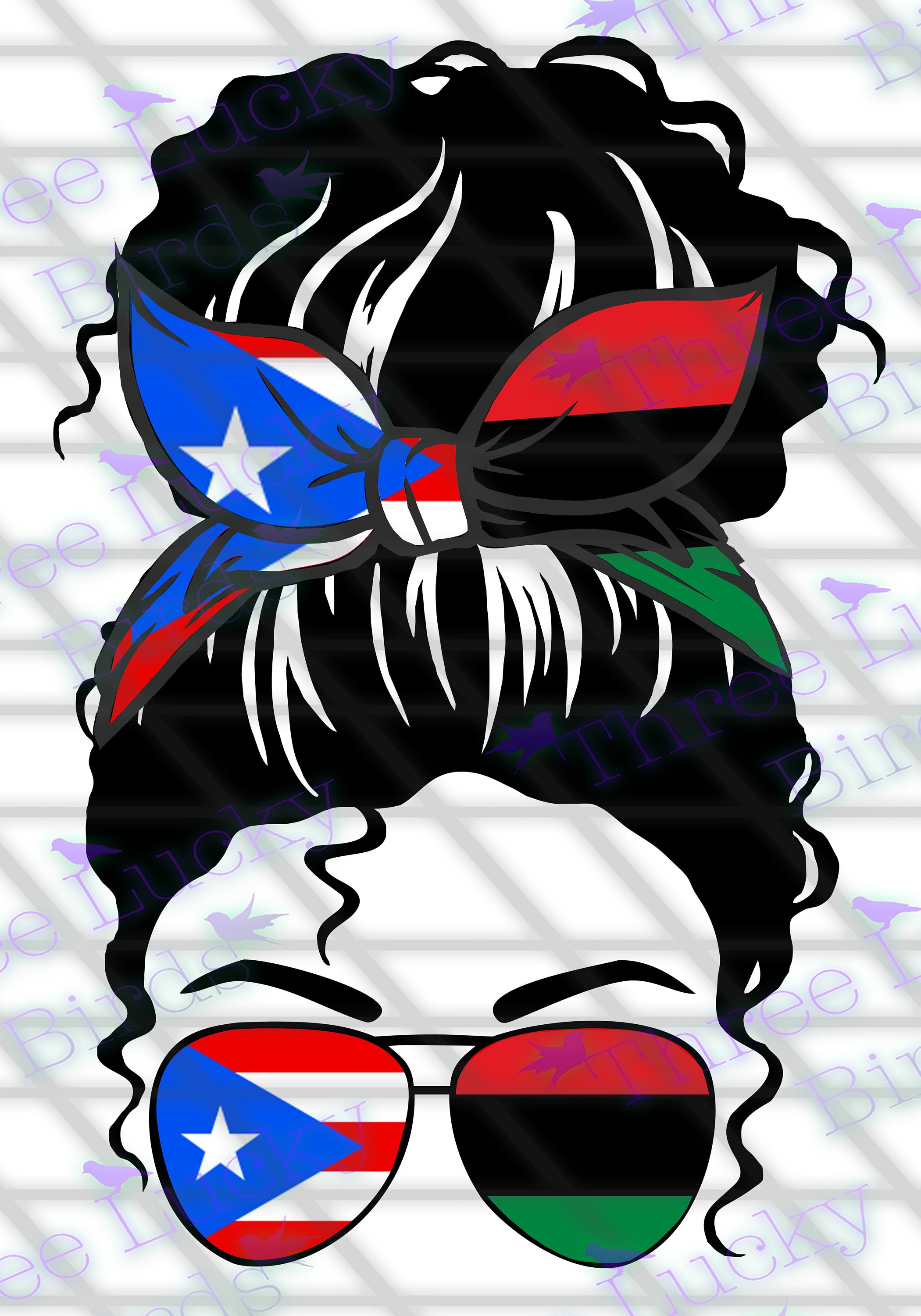 Messy Bun Curly Hair Puerto Rico and African Flags PNG for Sublimation ...