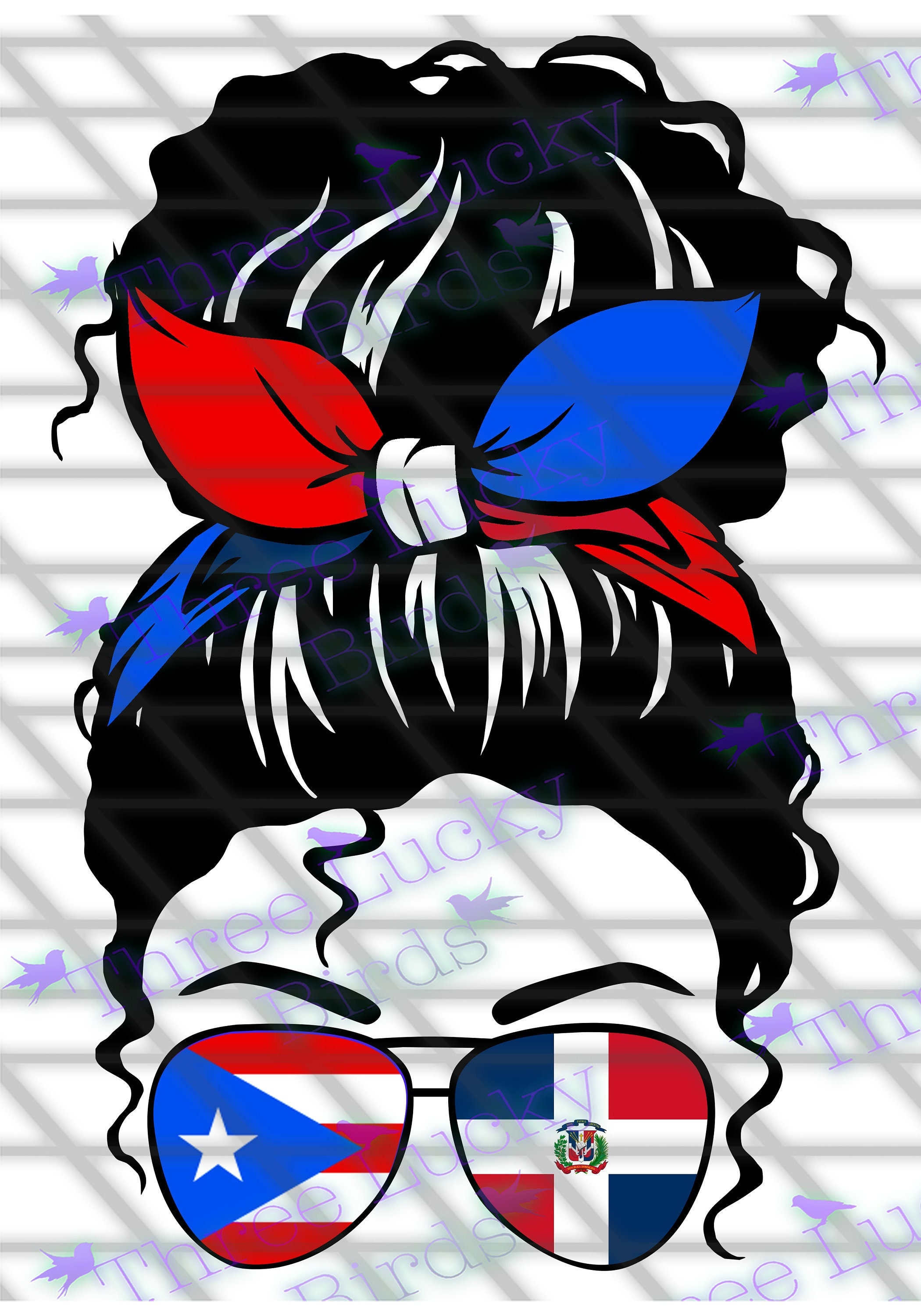 Messy Bun Curly Hair Puerto Rico and Dominican Republic Flags PNG for ...