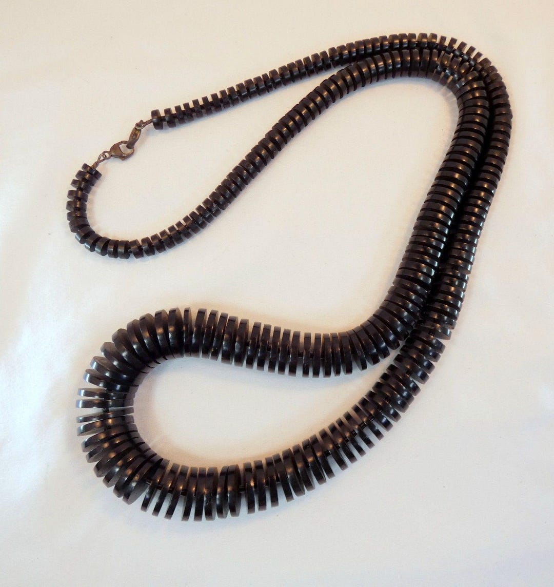Vintage Antique Navajo JET 36" Very Long Graduated Disc Beaded Necklace ...