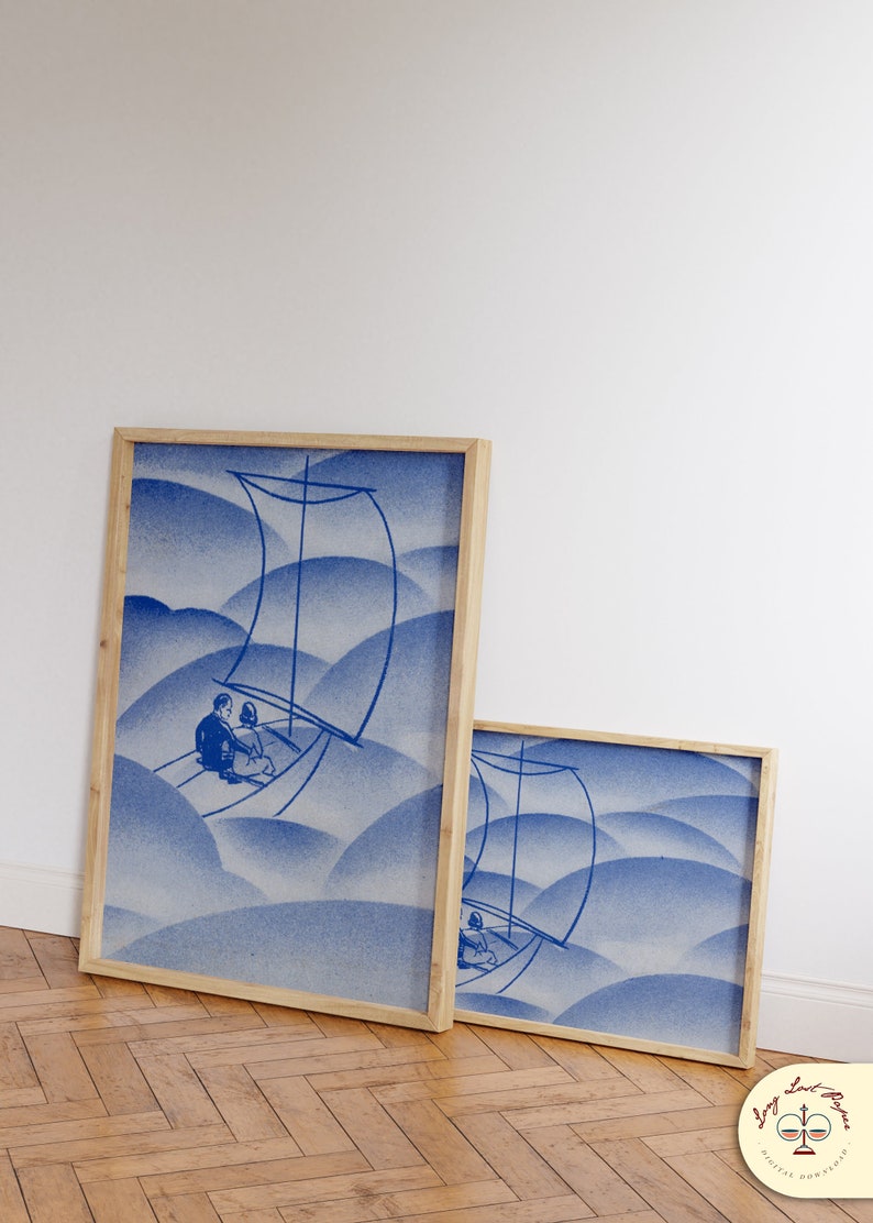 Boat Ride Illustration in Monochromatic Blue / DIGITAL DOWNLOAD ...