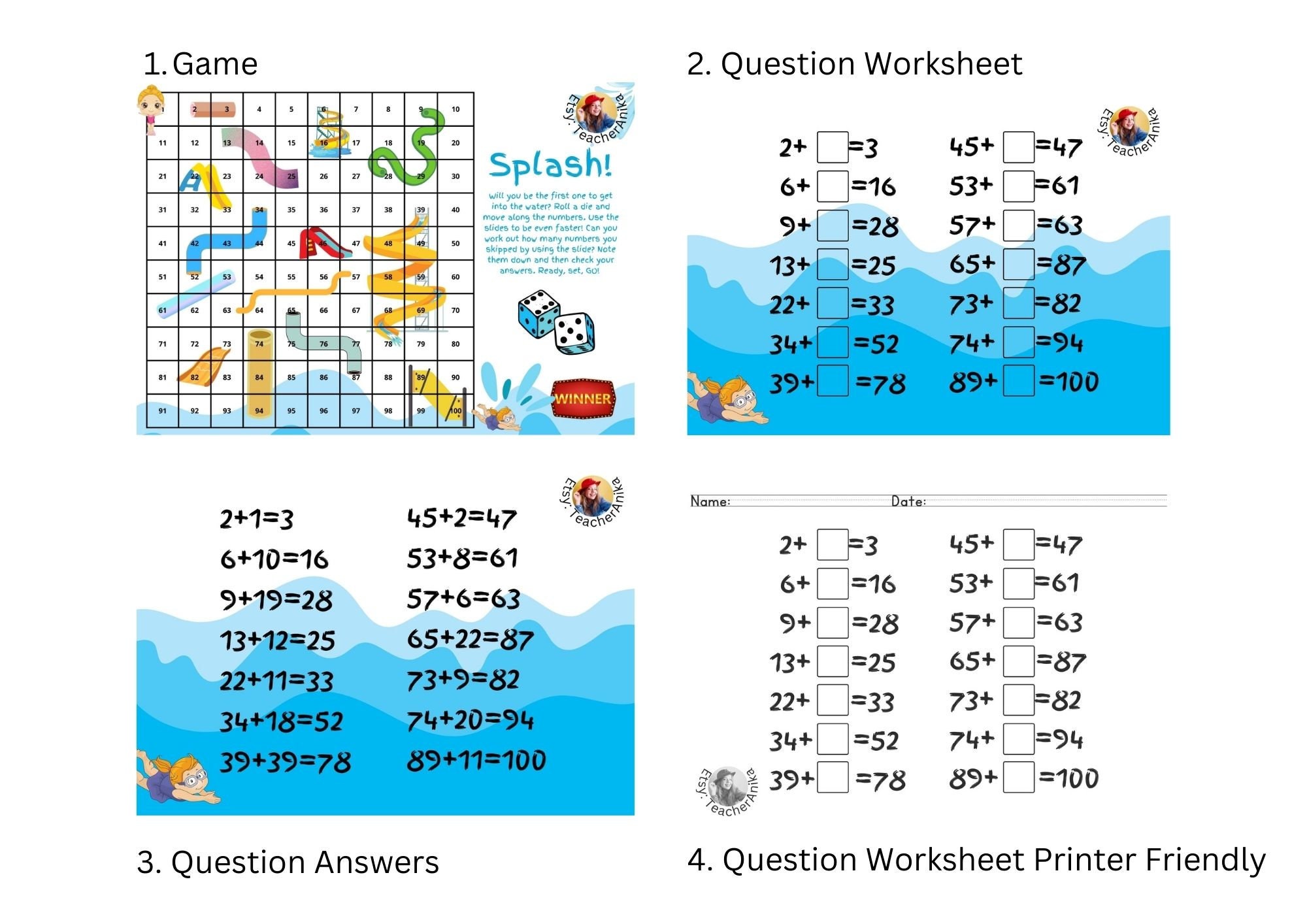 Maths Board Game Add, Plus, Missing Numbers, Number Grid 1 - 100 ...