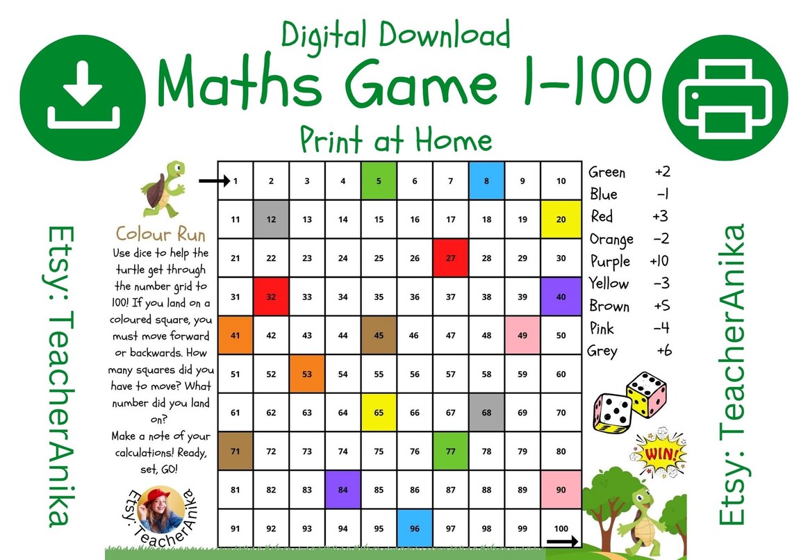 Maths Number 1 - 100 Board Game for Kids & Children, Addition and Subtraction, Plus, Minus, Dice ...