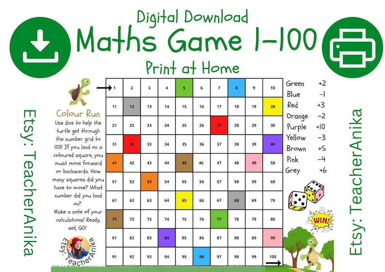 Maths Number 1 - 100 Board Game for Kids & Children, Addition and ...