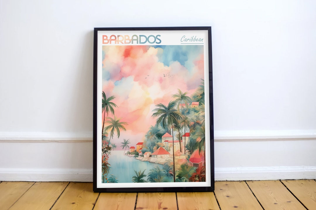 Barbados Island Watercolor Poster Caribbean Wall Art Barbados Beach ...