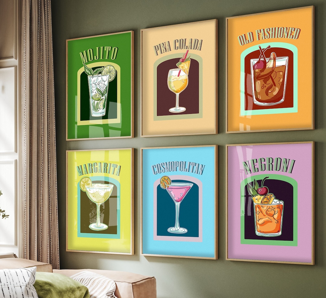 Cocktail Print Set of 6, Drinks Wall Decor, Colorful Bar Cart, Gallery Alcohol Poster, Trendy ...