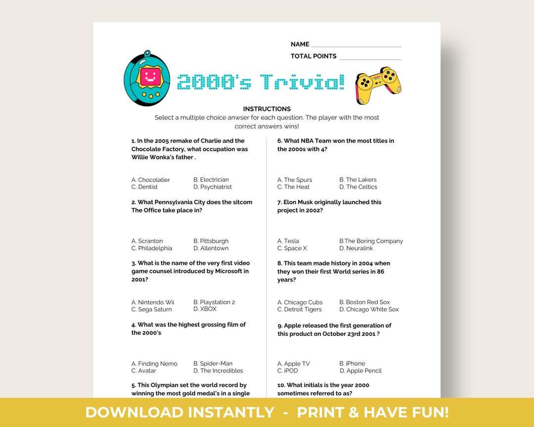 2000's Trivia Game Printable, 2000's Party Game, 2000's Quiz, Printable ...