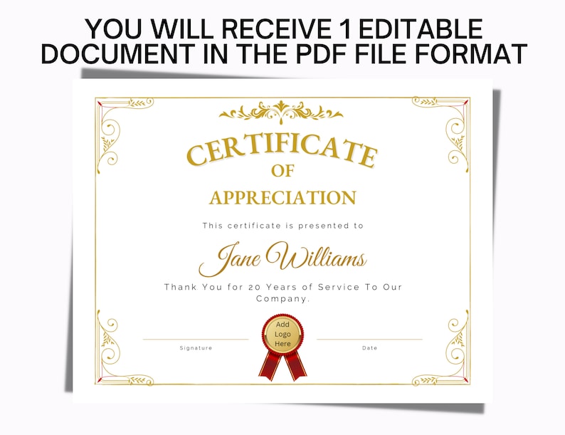 Editable Certificate of Appreciation Template, Printable Certificate of ...