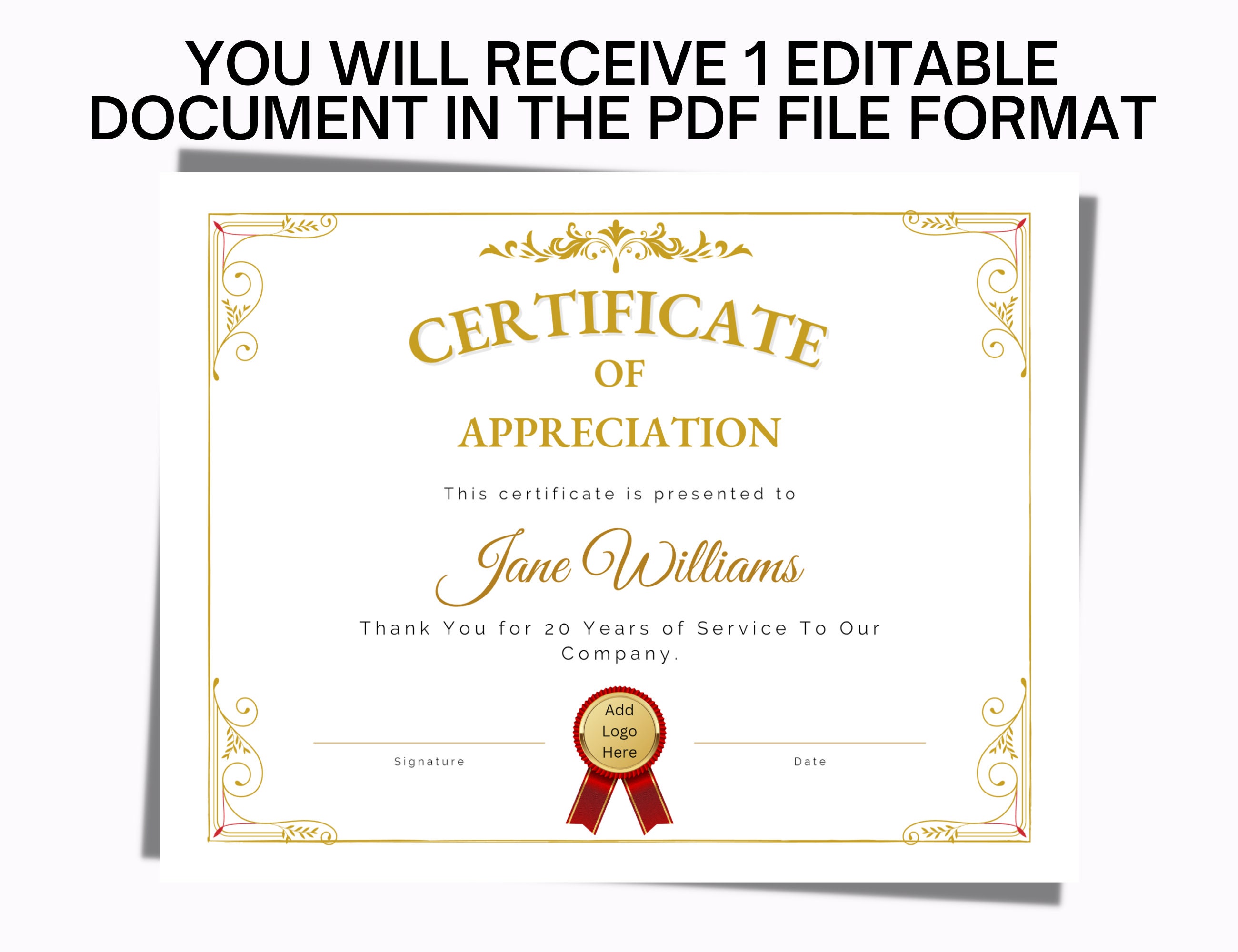 Editable Certificate of Appreciation Template, Printable Certificate of ...