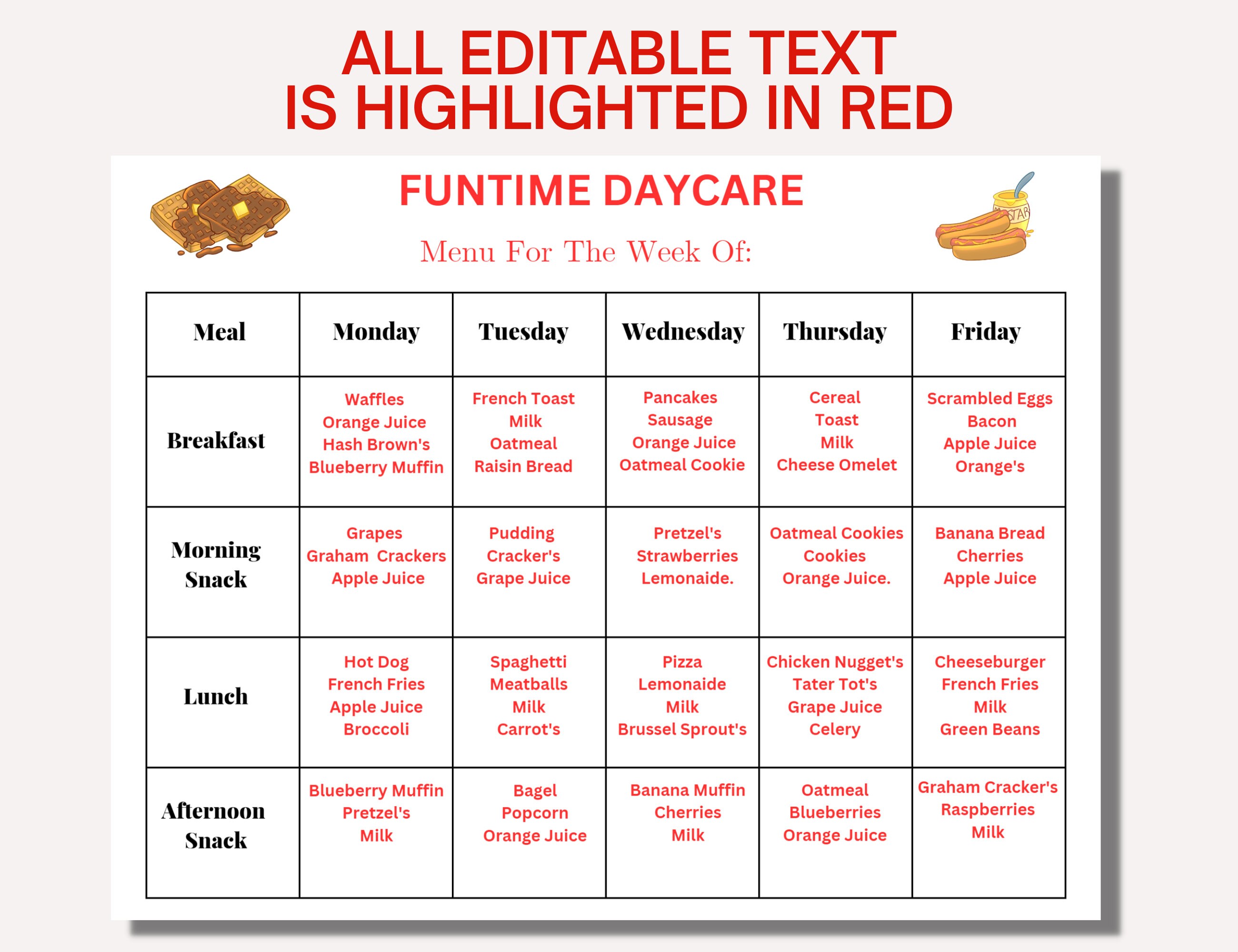 Editable Daycare Weekly Menu Template Daycare and Preschool - Etsy