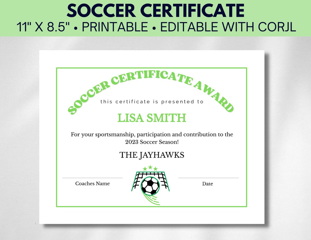 Editable Soccer Award Certificate Template Soccer - Etsy