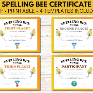 Spelling Bee Certificate Printable Spelling Bee Award - Etsy