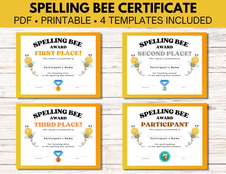Spelling Bee Certificate Printable Spelling Bee Award - Etsy