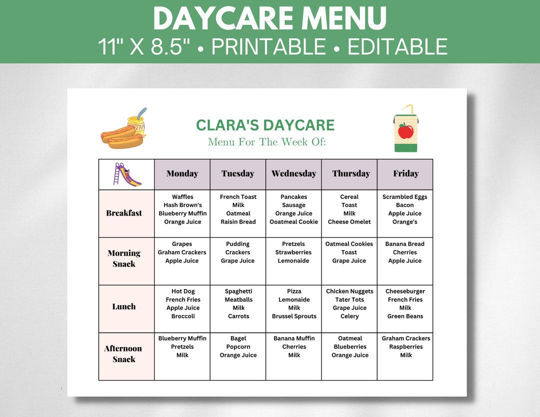 Editable Daycare Weekly Menu Template Daycare and Preschool - Etsy Canada