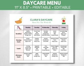 Editable Weekly Daycare Menu Printable Preschool Meal - Etsy