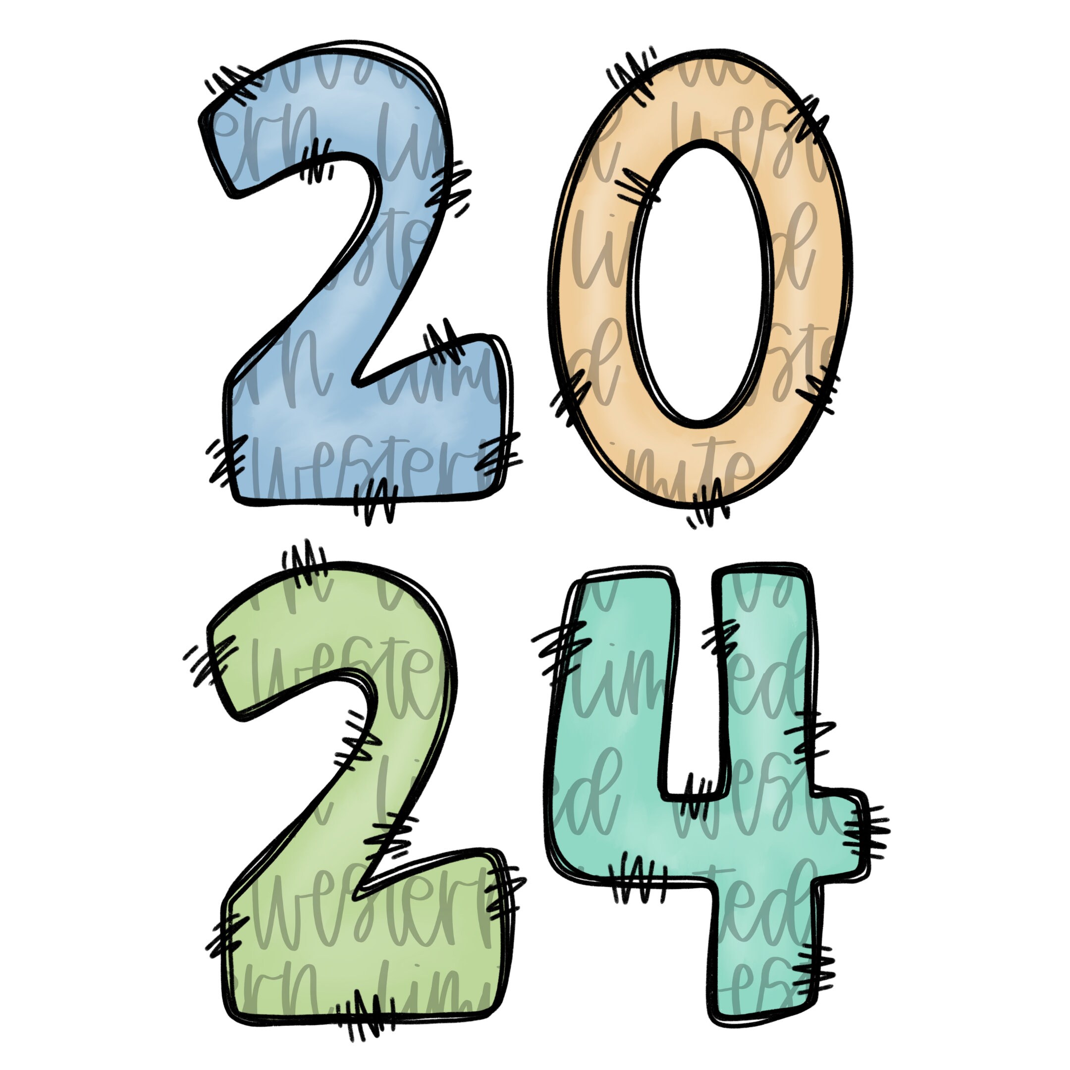 New Year PNG 2024 PNG Doodle Numbers Hand Drawn Blue Pastel New Year ...