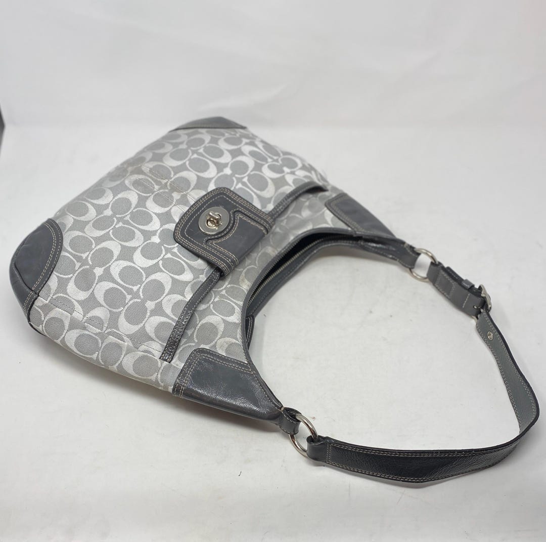 Coach Hampton Signature Canvas Hobo Bag - Black Leather Trim - Silver ...