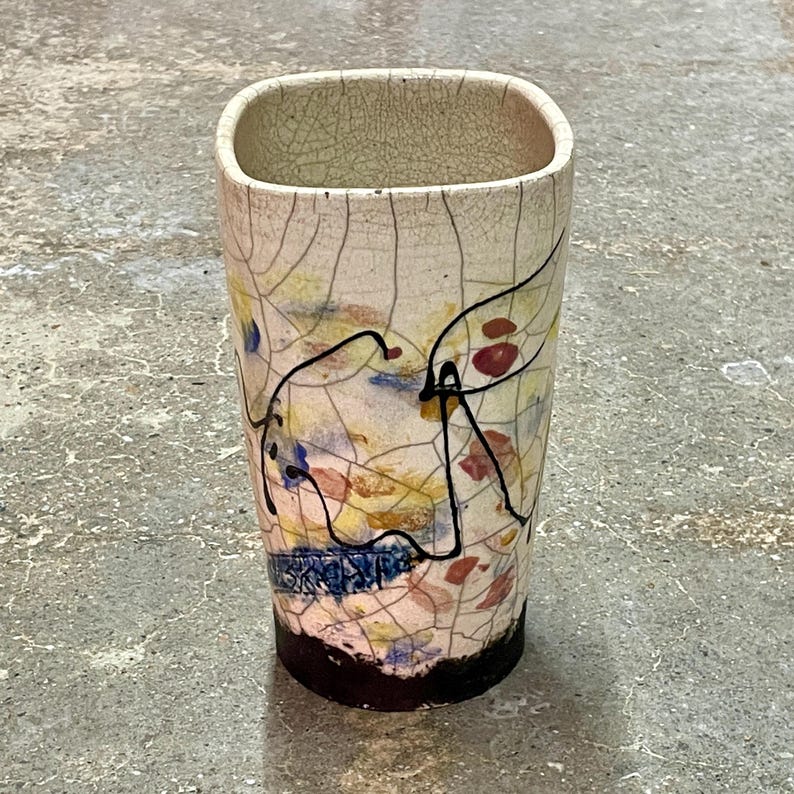 Mid-century Raku Pottery Vase - Crackle Glaze - Abstract Figural Design ...