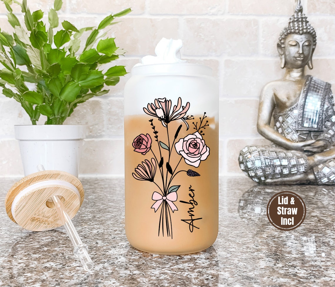 Croquette Pink Birth Flower Cup Personalized Glass Coffee Cup Custom ...