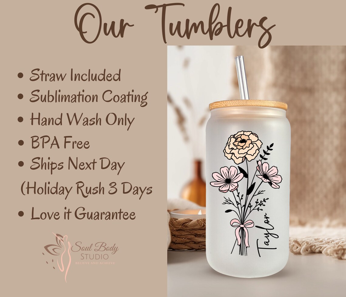 Croquette Pink Birth Flower Cup Personalized Glass Coffee Cup Custom ...