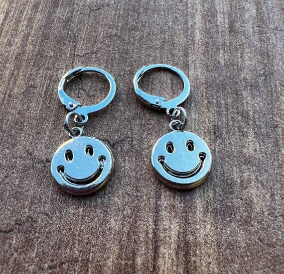 Silver Happy Face Earring smiley Face Dangle Earrings smiley - Etsy