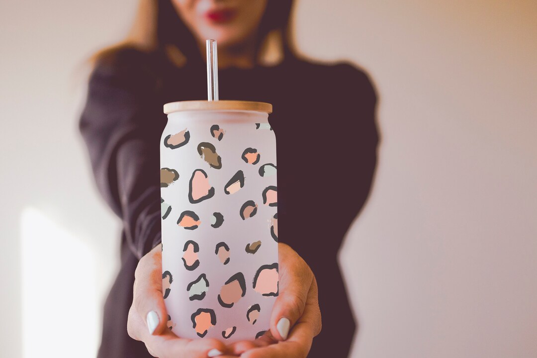 Leopard Glass Coffee Cup, Animal Print Glass Iced Coffee Cup With ...
