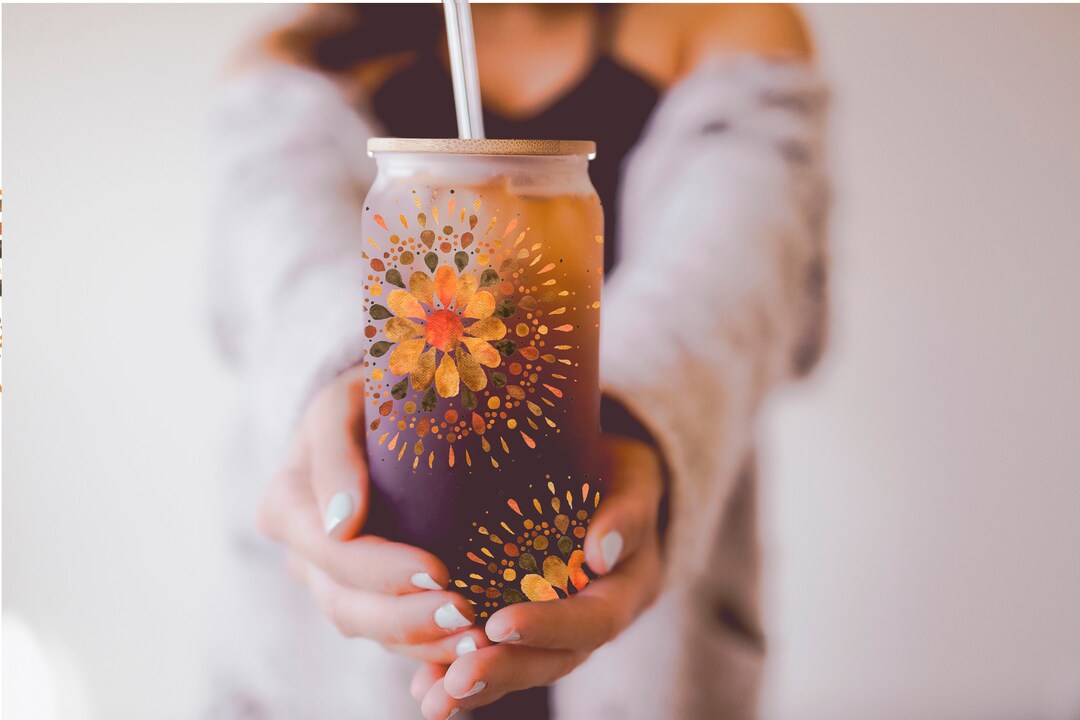 Mandala Glass Coffee Cup, Boho Glass Iced Coffee Cup With Bamboo Lid ...