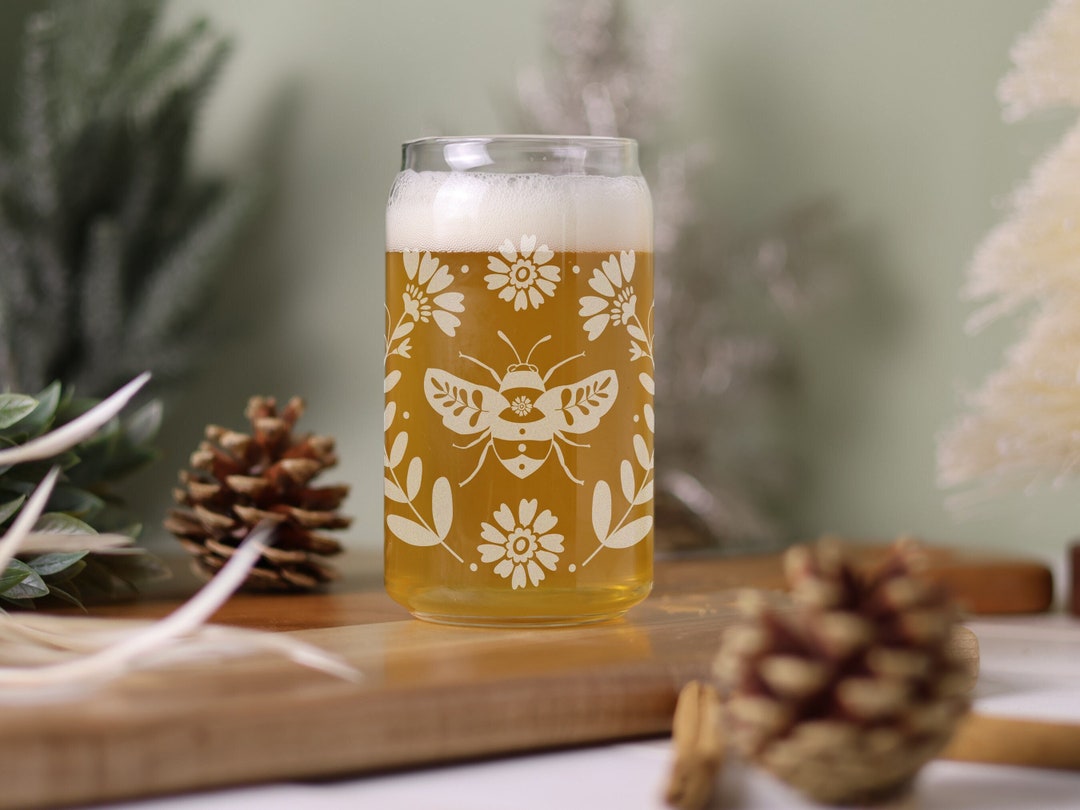 Scandinavian Bee Etched 16oz Can Glass - Floral, Bee, Spring Drinkware ...